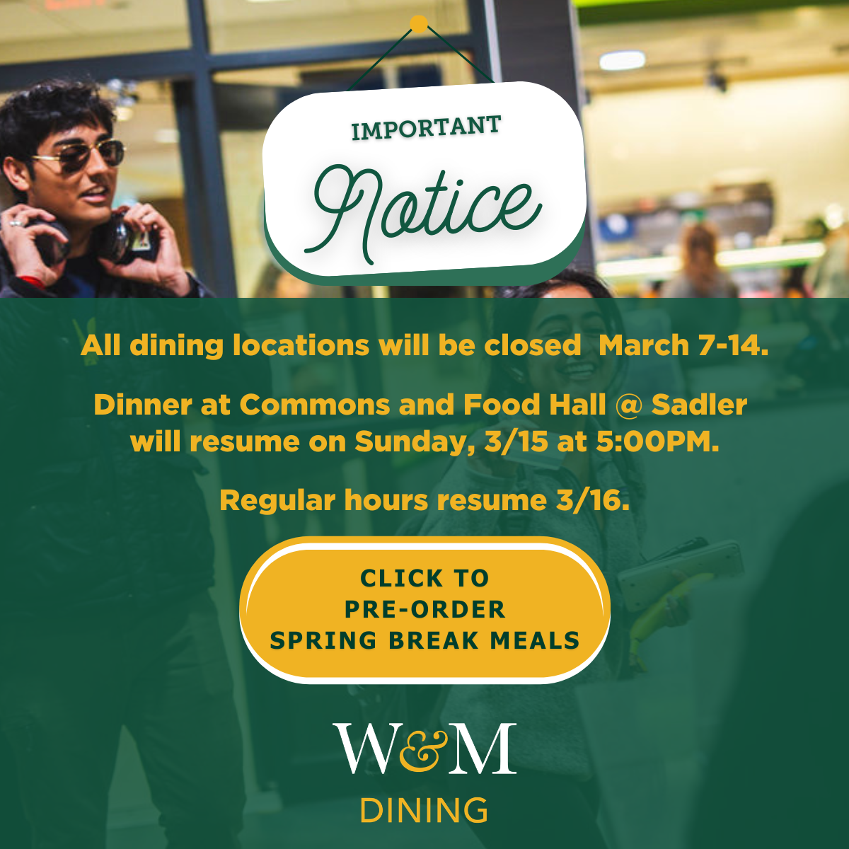 W&M Dining Spring Break Meal | William & Mary Family Connection